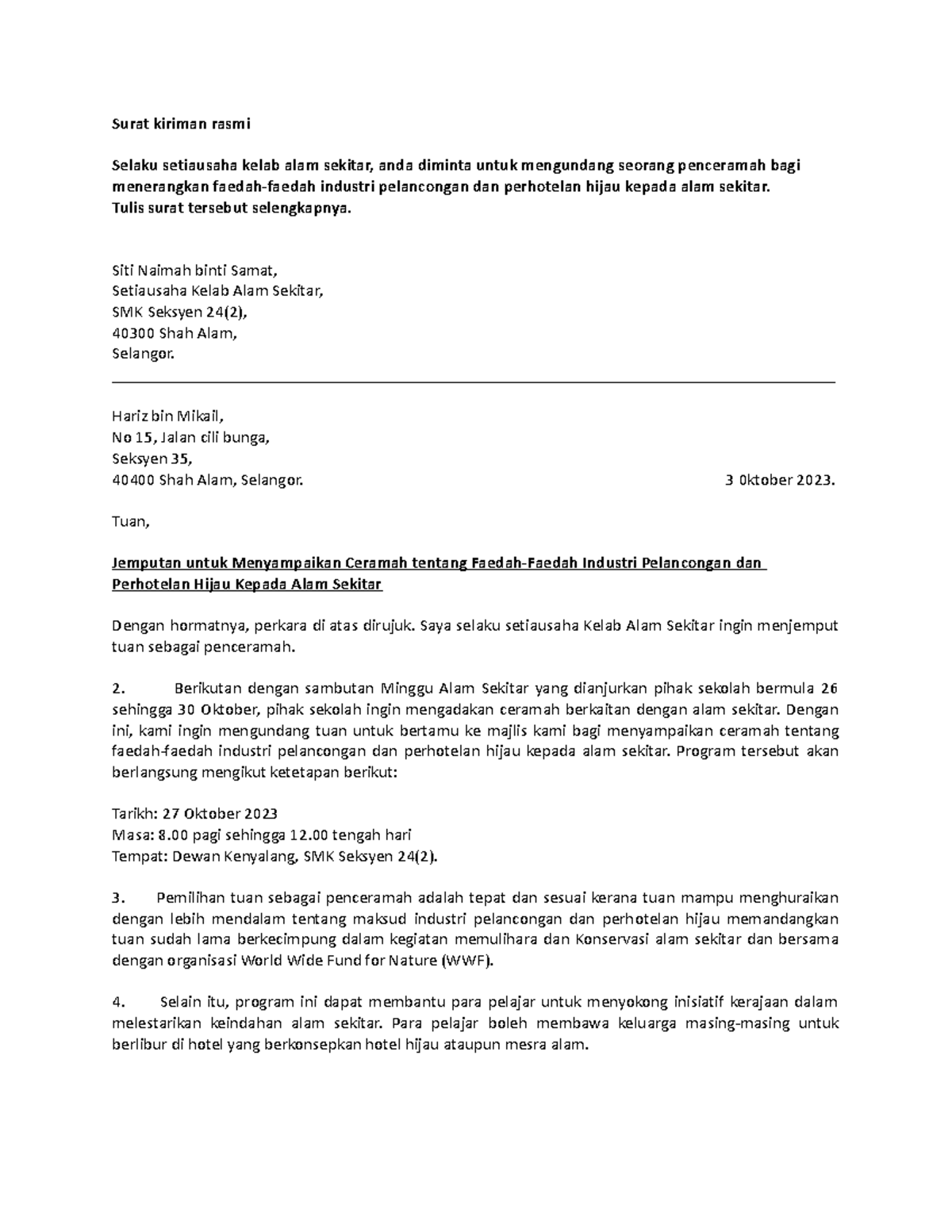 Latihan surat rasmi - for doc purpose onlu - Surat kiriman rasmi Selaku ...