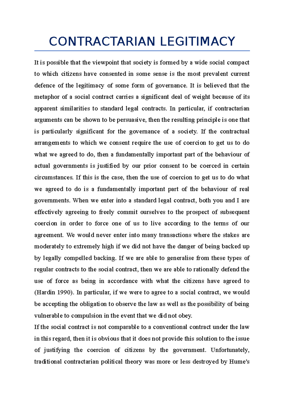 Brief NOTE ON Contractarian Legitimacy - CONTRACTARIAN LEGITIMACY It is ...