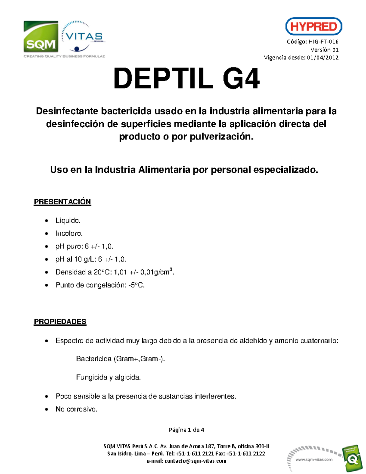 Ficha Tecnica de desinfectante Deptil G4 (Amonio cuaternario) - Versión ...