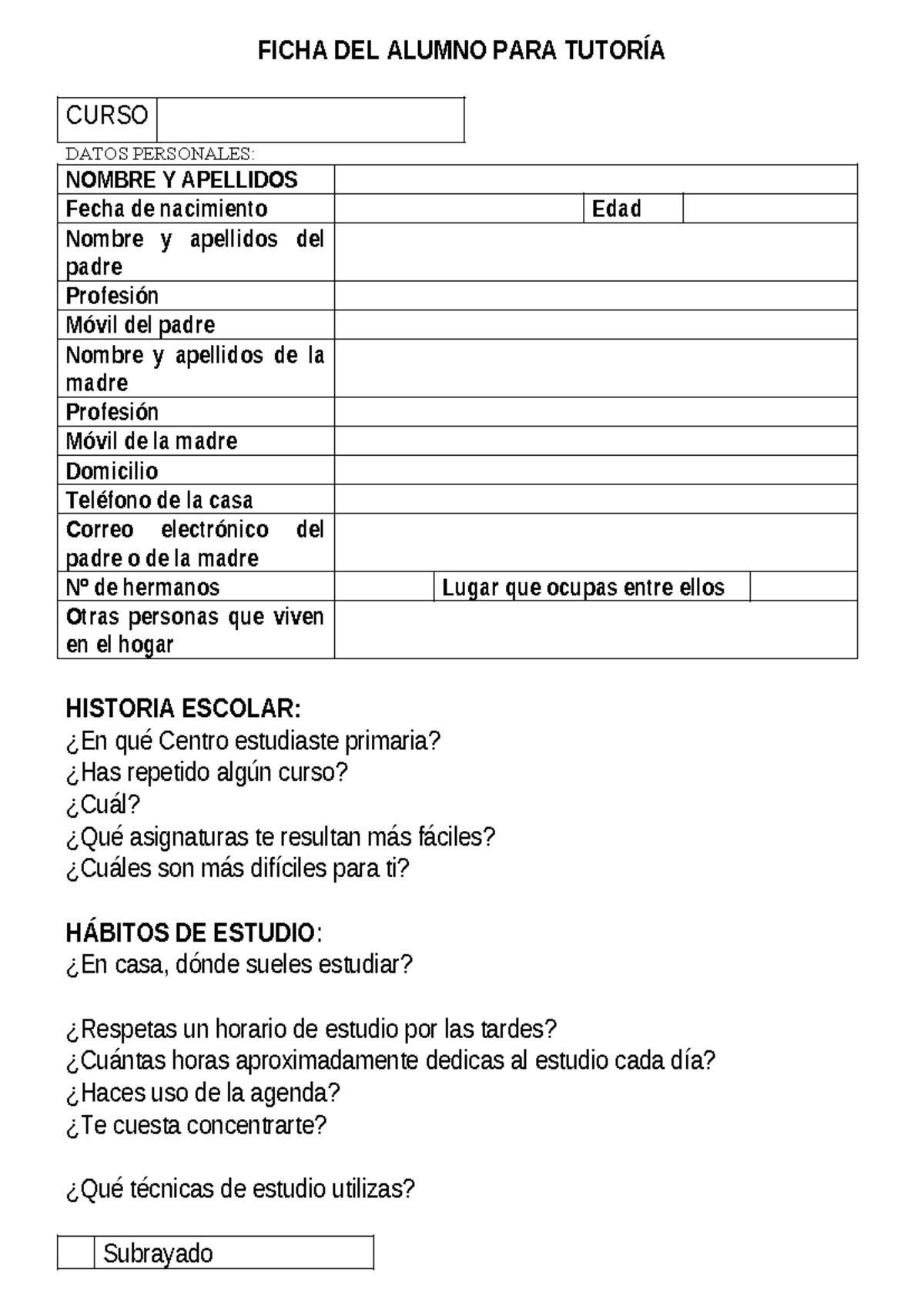 Ficha DEL Alumno PARA Tutoría - FICHA DEL ALUMNO PARA TUTORÍA CURSO ...