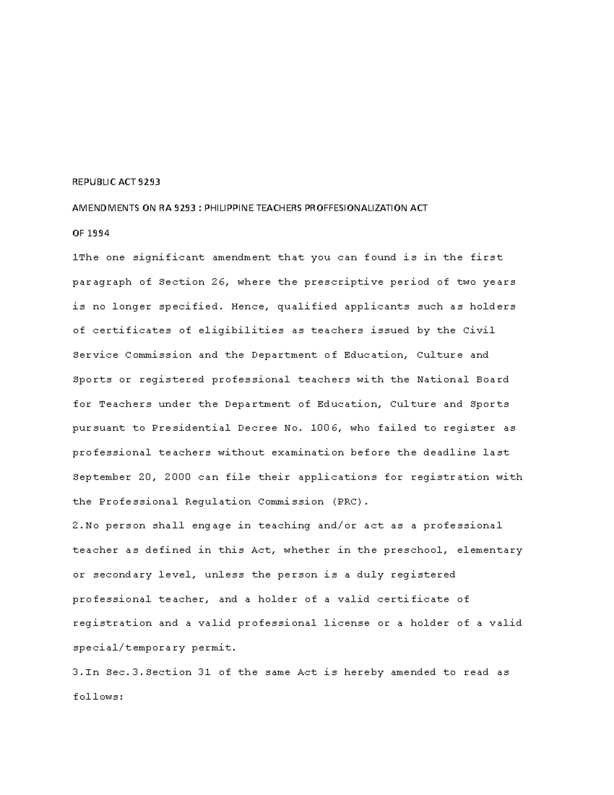 Laws and amendments - REPUBLIC ACT 9293 AMENDMENTS ON RA 9293 ...