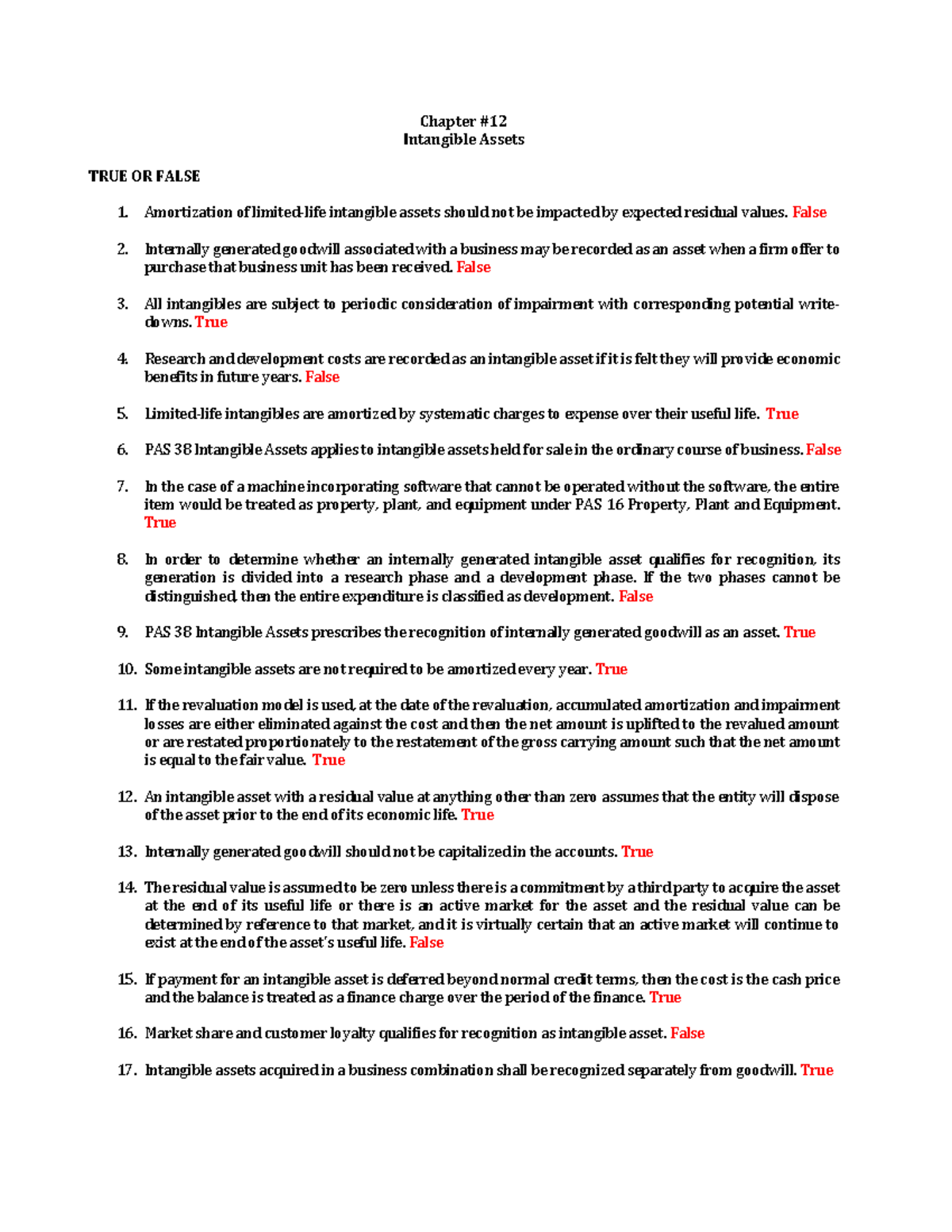 Intacc 3 Intangibles Exercise - Chapter # Intangible Assets TRUE OR ...