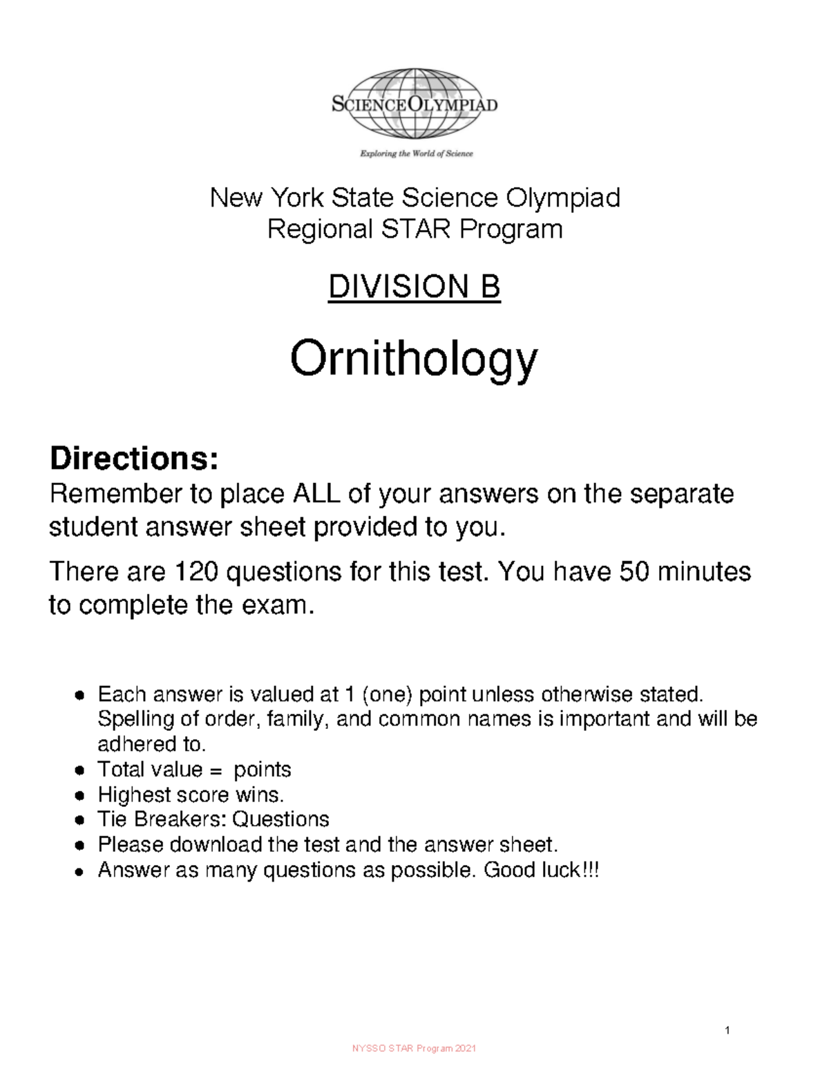 Ornithology B2021 Regional Test - New York State Science Olympiad ...