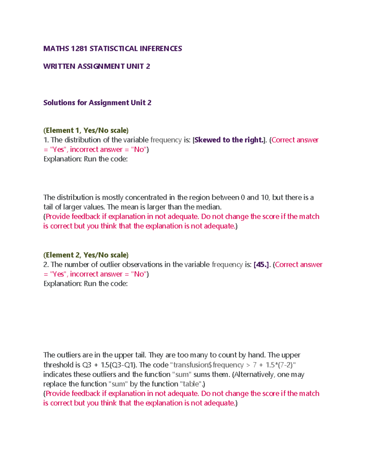 Written Assignment UNIT 2 Maths 1281 - MATHS 1281 STATISCTICAL INFERENCES WRITTEN ASSIGNMENT ...