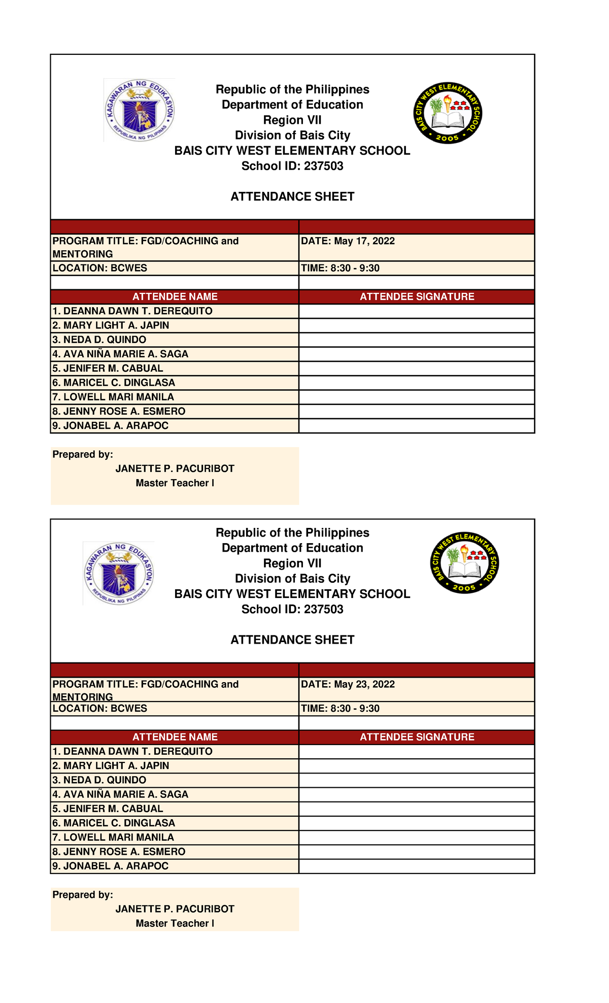 Training Attendance Template V 2 - PROGRAM TITLE: FGD/COACHING and ...