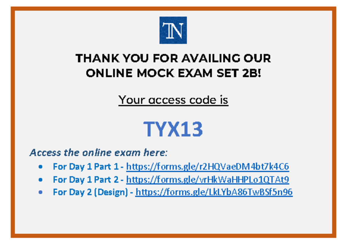 SET2B Access CODE 55 - Architecture - THANK YOU FOR AVAILING OUR ONLINE MOCK EXAM SET 2B! Your ...