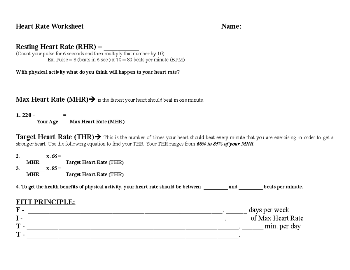 Heart Rate WS - Heart Rate Worksheet Name: __________________ Resting ...