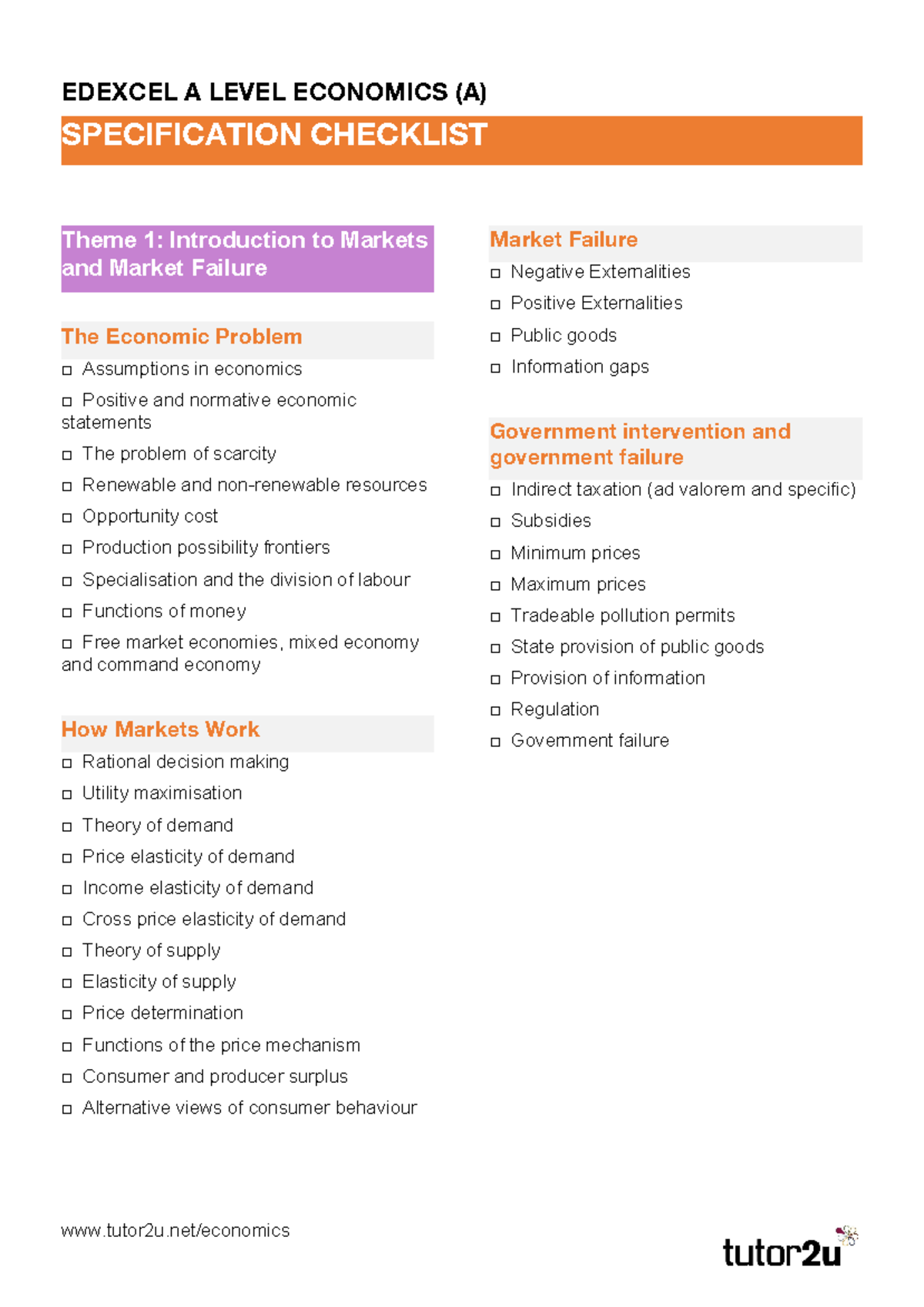 Edexcel A Level Economics Checklist - EDEXCEL A LEVEL ECONOMICS (A ...