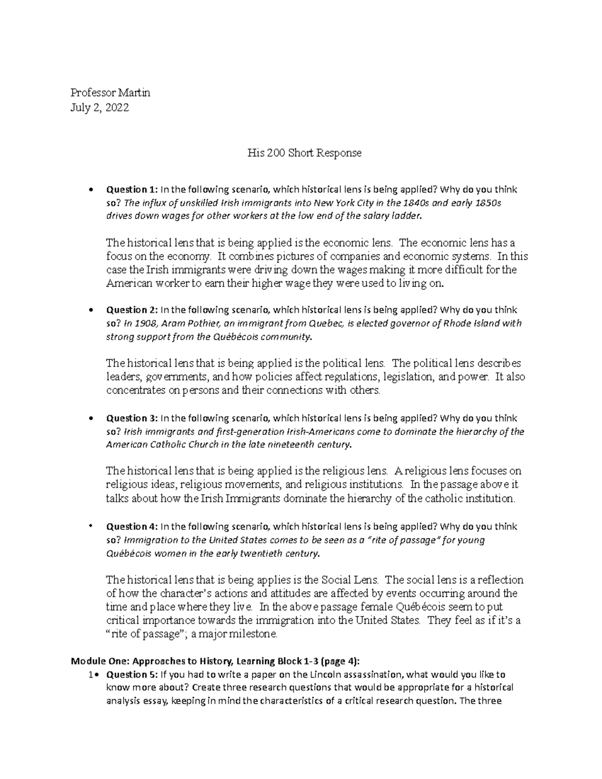 SNHU Hist 200 His 200 Short Response-1 - Professor Martin July 2, 2022 ...