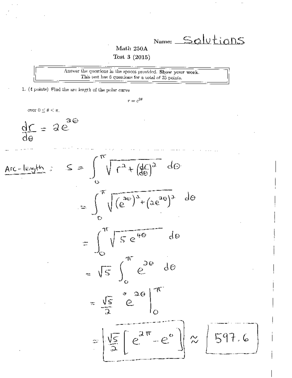 Exam 2015, questions and answers - Name: Math 250A Test 3 (2015) Answer ...