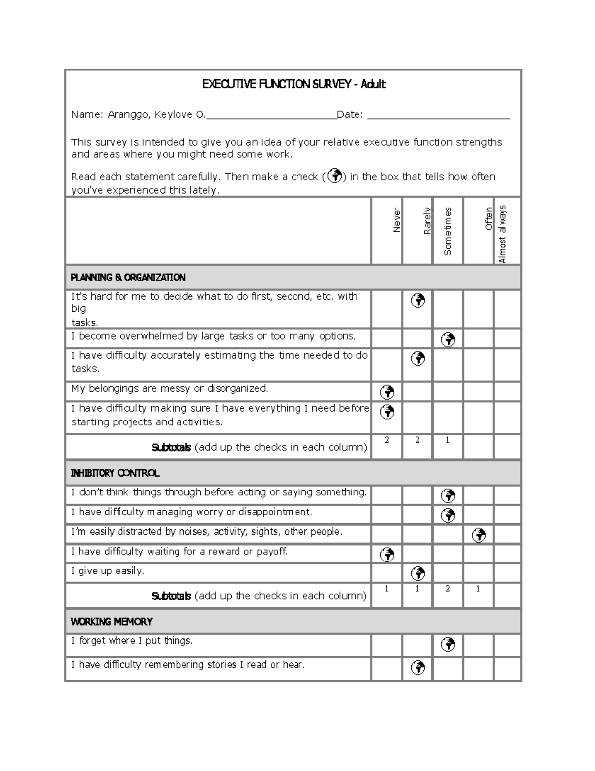 Executive Function Survey Adult - EXECUTIVE FUNCTION SURVEY - Adult ...