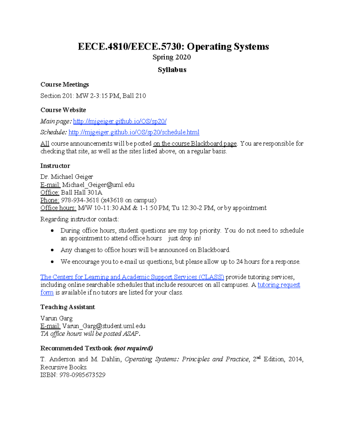 OSsp20 syllabus - Summary Operating System Engineering - EECE. 4810 ...