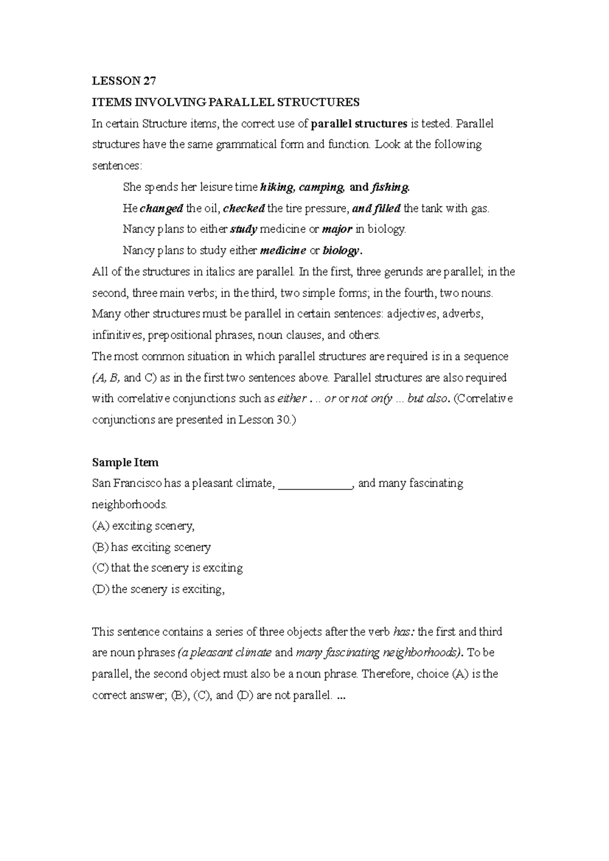 Lesson 27, Parallel Contruction - LESSON 27 ITEMS INVOLVING PARALLEL ...