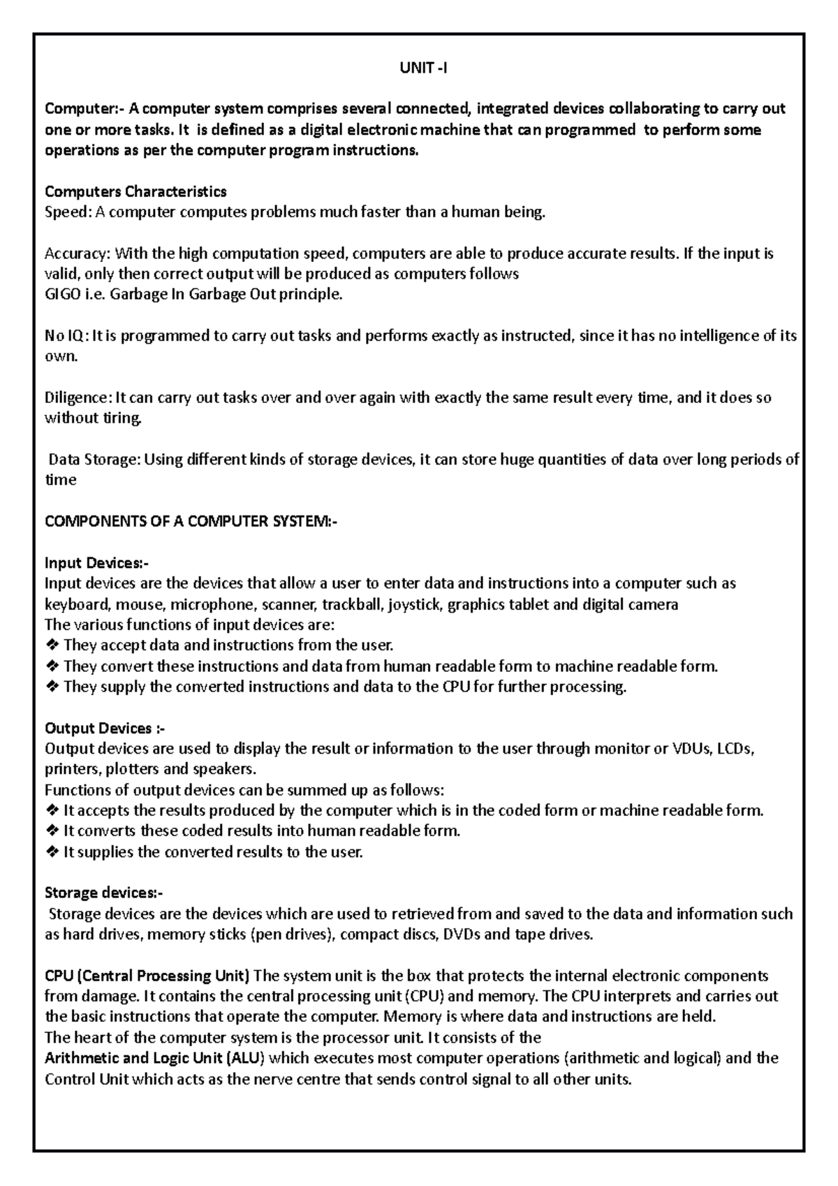 Class ix computer notes - UNIT -I Computer:- A computer system ...