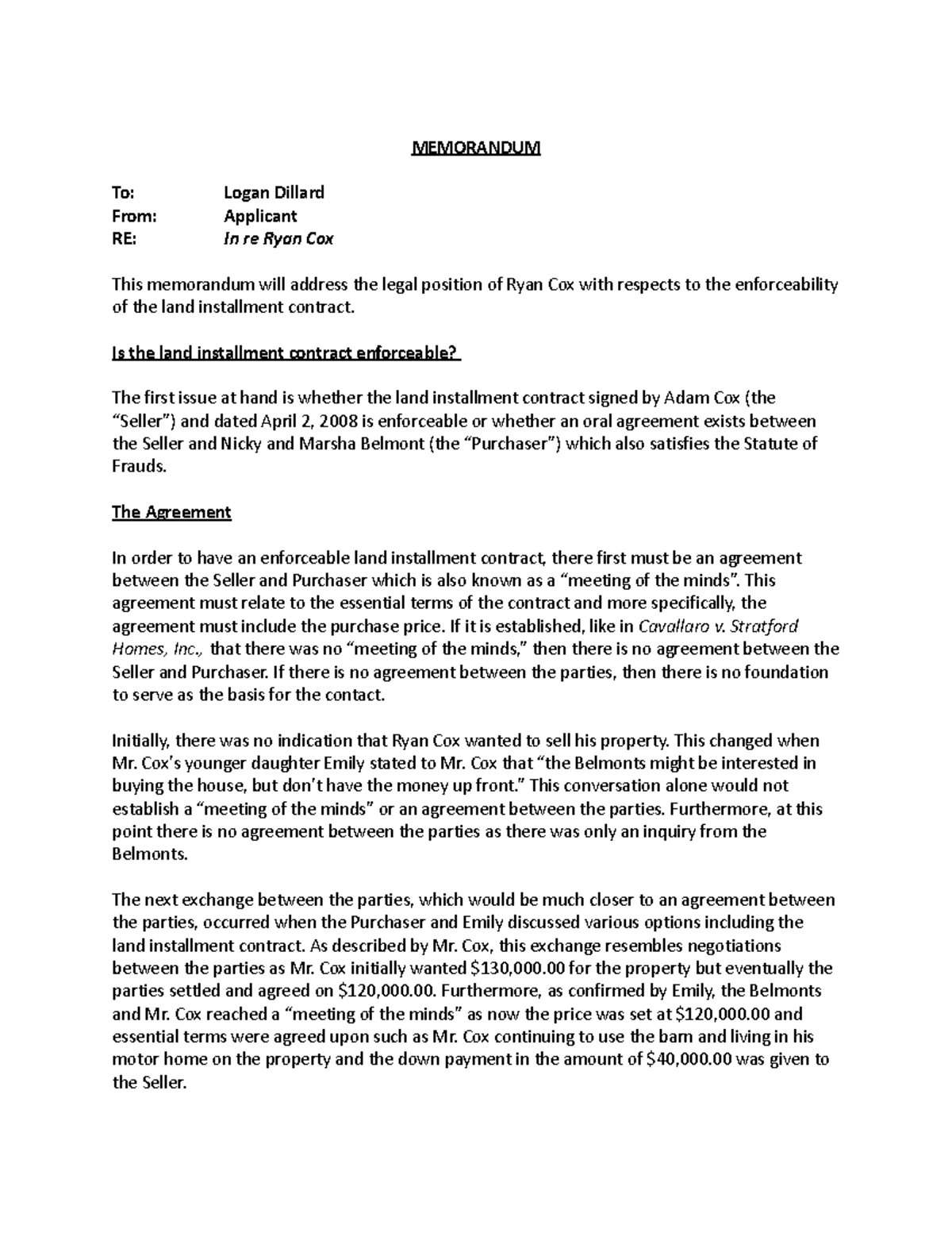 MPT practice - Final Review - MEMORANDUM To: Logan Dillard From ...
