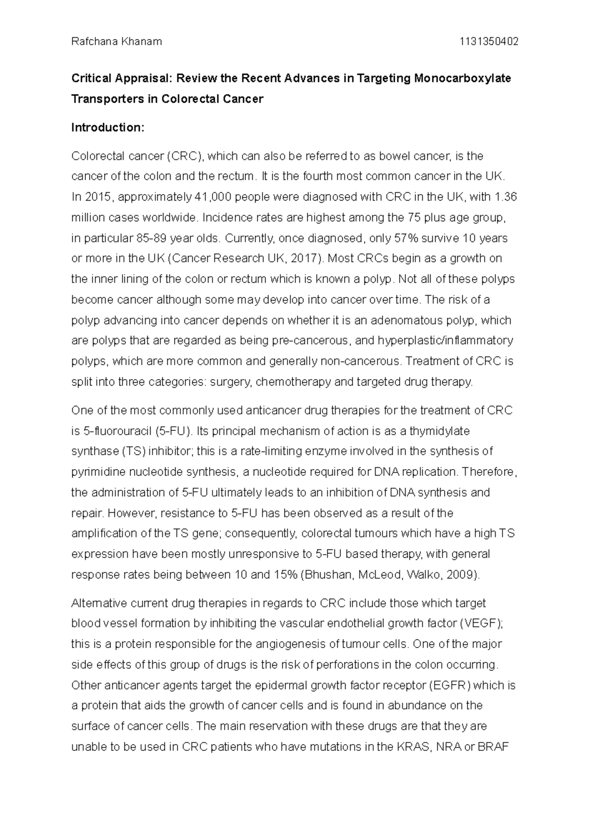 Critical Appraisal - Grade: 2:1 - Critical Appraisal: Review the Recent ...