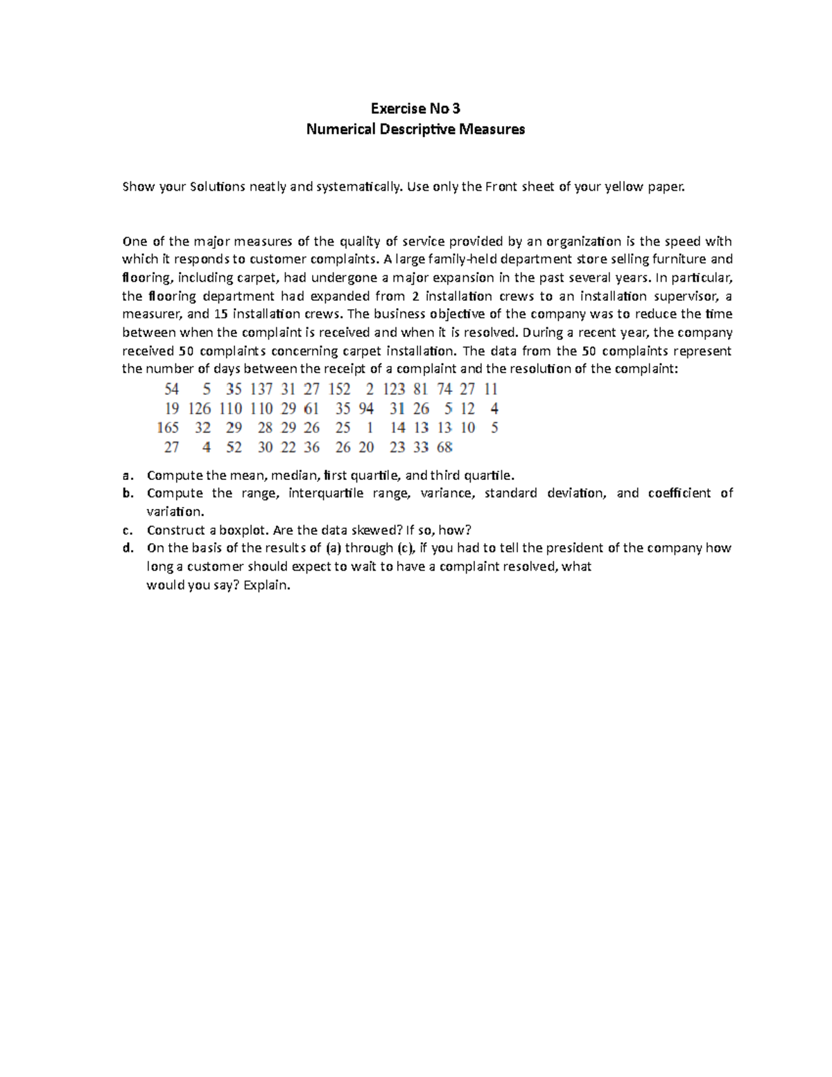 Exercise No 3 Numerical Descriptive Measures - Use only the Front sheet ...