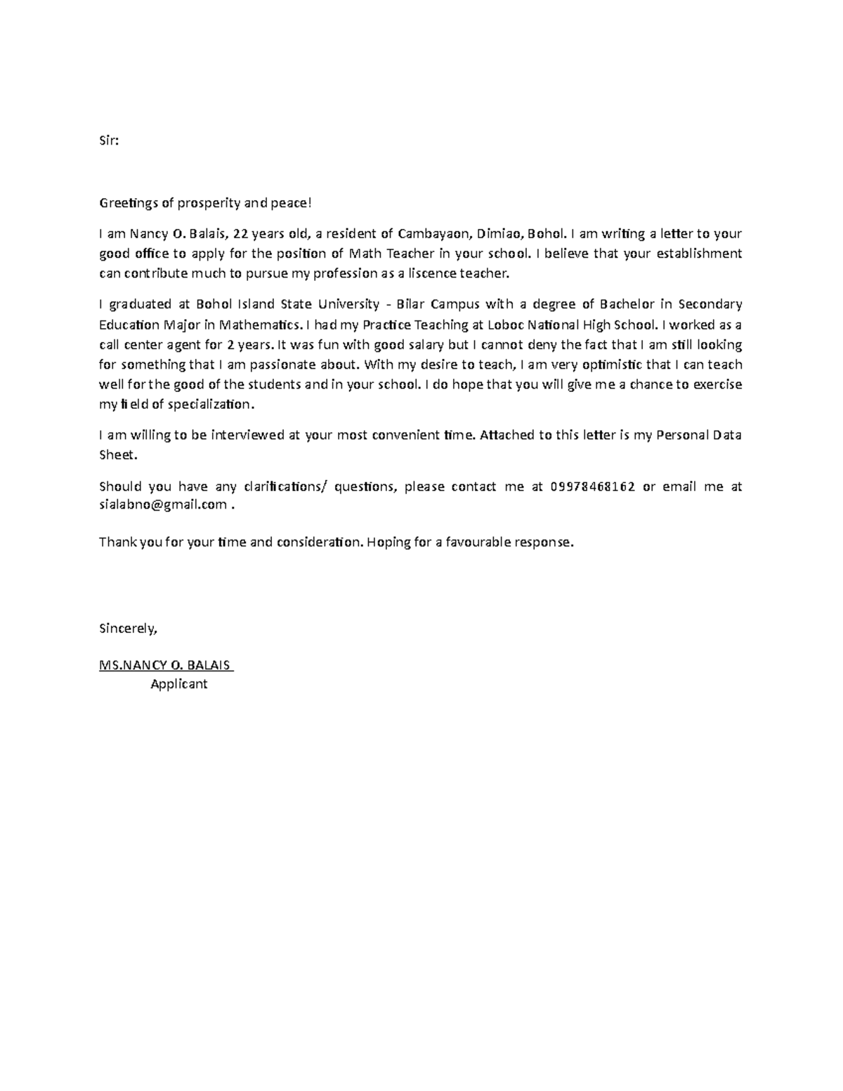 Application Letter ( Nancy ) - Bachelor of Science in Secondary ...