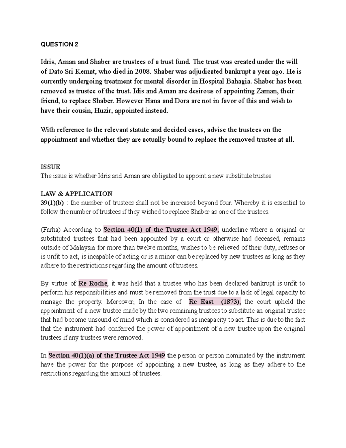 Tuto AOT - TUTO APPOINTMENT OF TRUSTEES - QUESTION 2 Idris, Aman and ...
