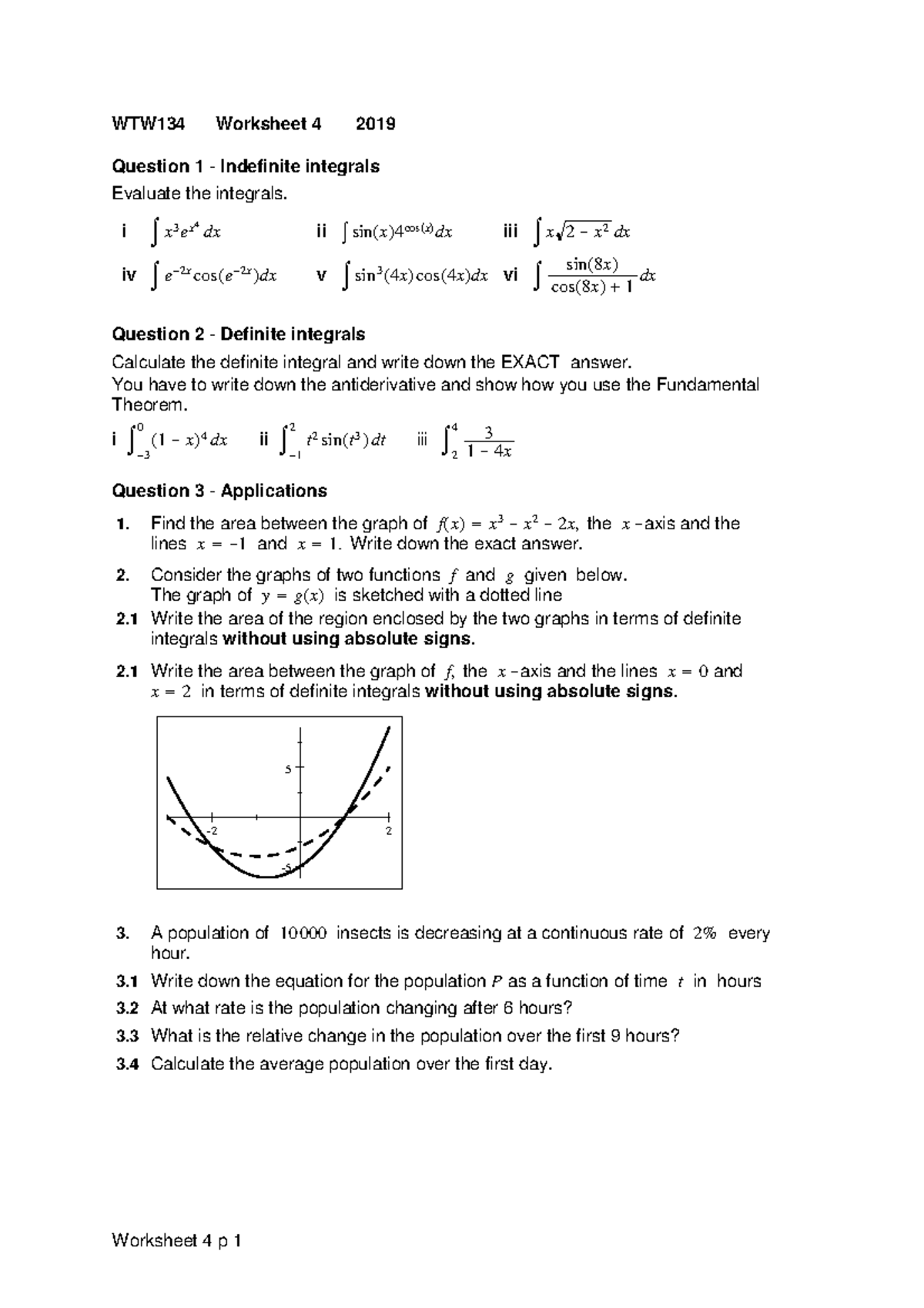 Worksheet 4 - WTW134 Worksheet 4 2019 Question 1 - Indefinite integrals ...