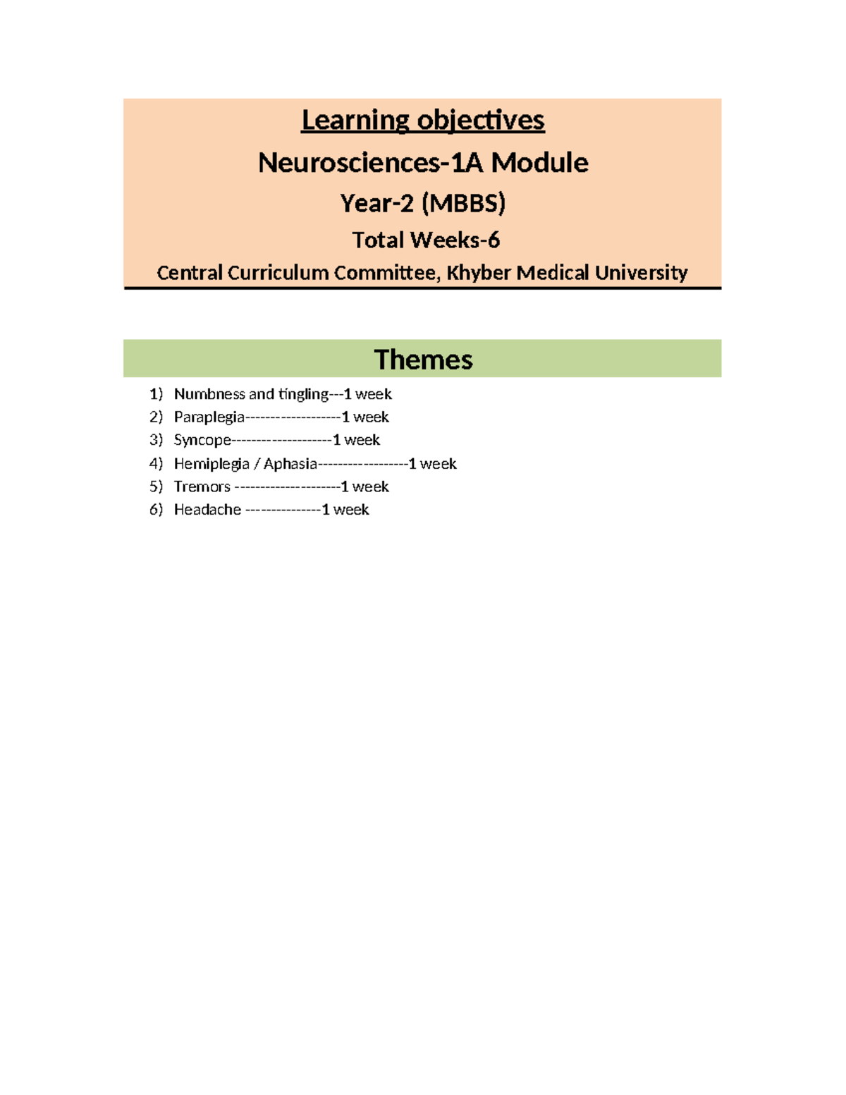01 Neurosciences IA Module KMU Final - Learning objectives Neurosciences-1A Module Year-2 (MBBS ...