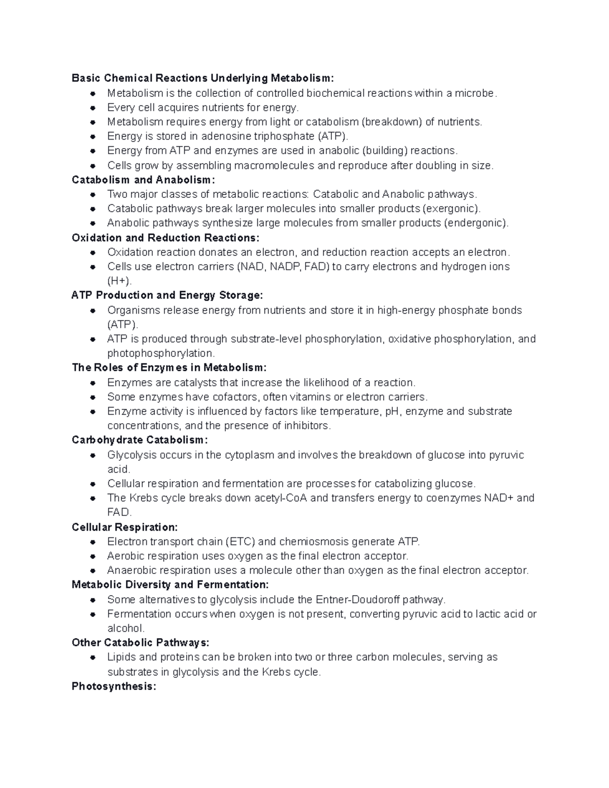 Ch 5 Notes - Basic Chemical Reactions Underlying Metabolism: Metabolism ...