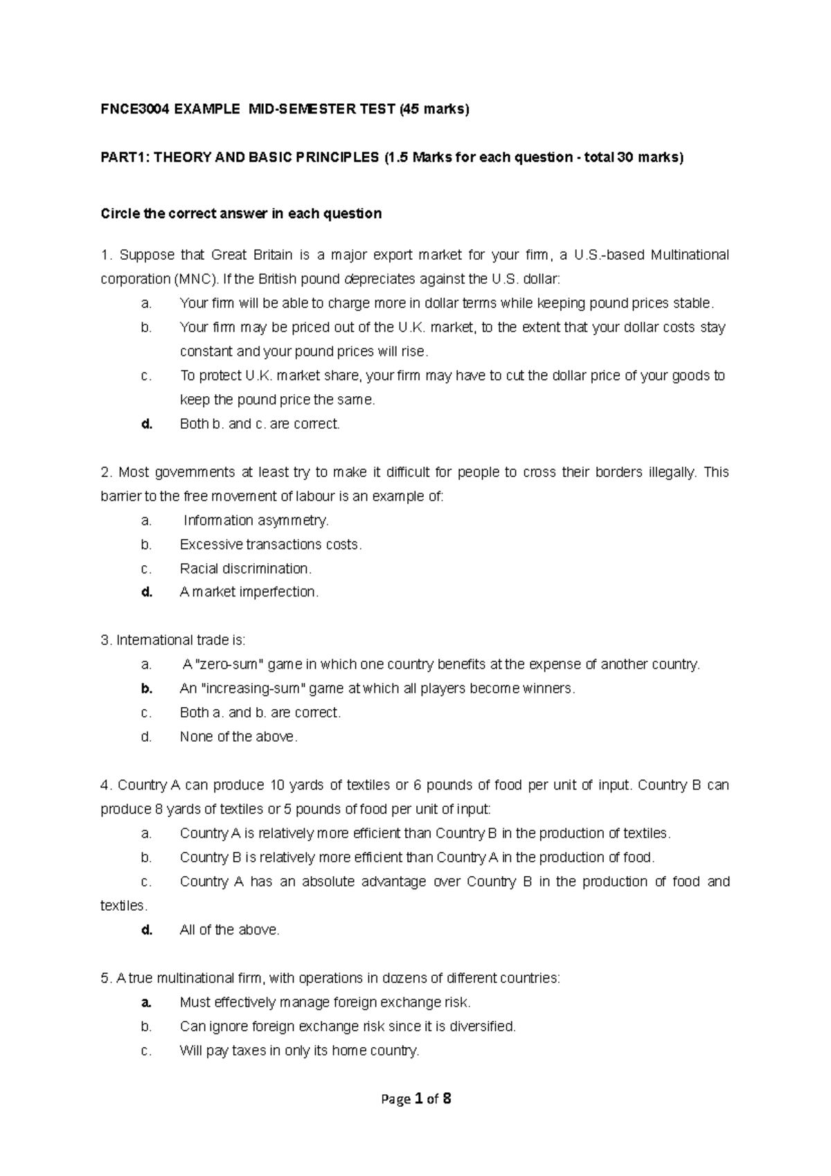 IF Example test(1) - Sample paper - FNCE3004 EXAMPLE MID-SEMESTER TEST ...