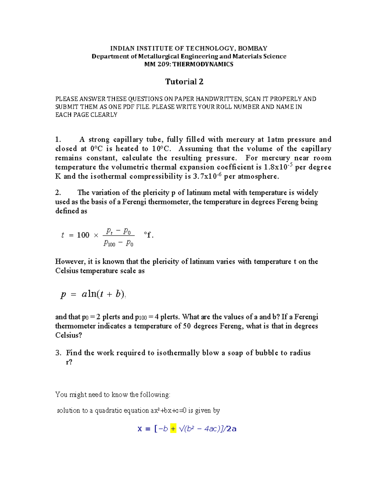 Tutorial 2 MM209 - ...... - **INDIAN INSTITUTE OF TECHNOLOGY, BOMBAY ...