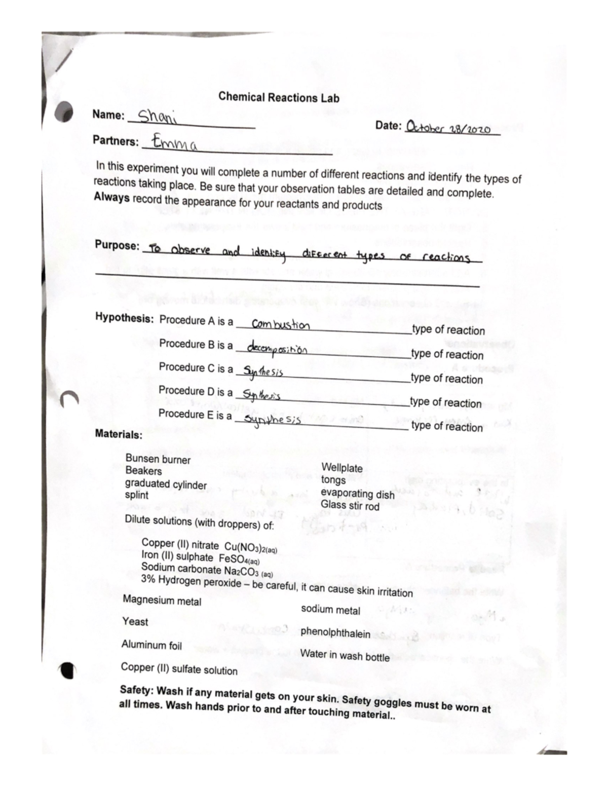 Chemical Reactions lab - Studocu