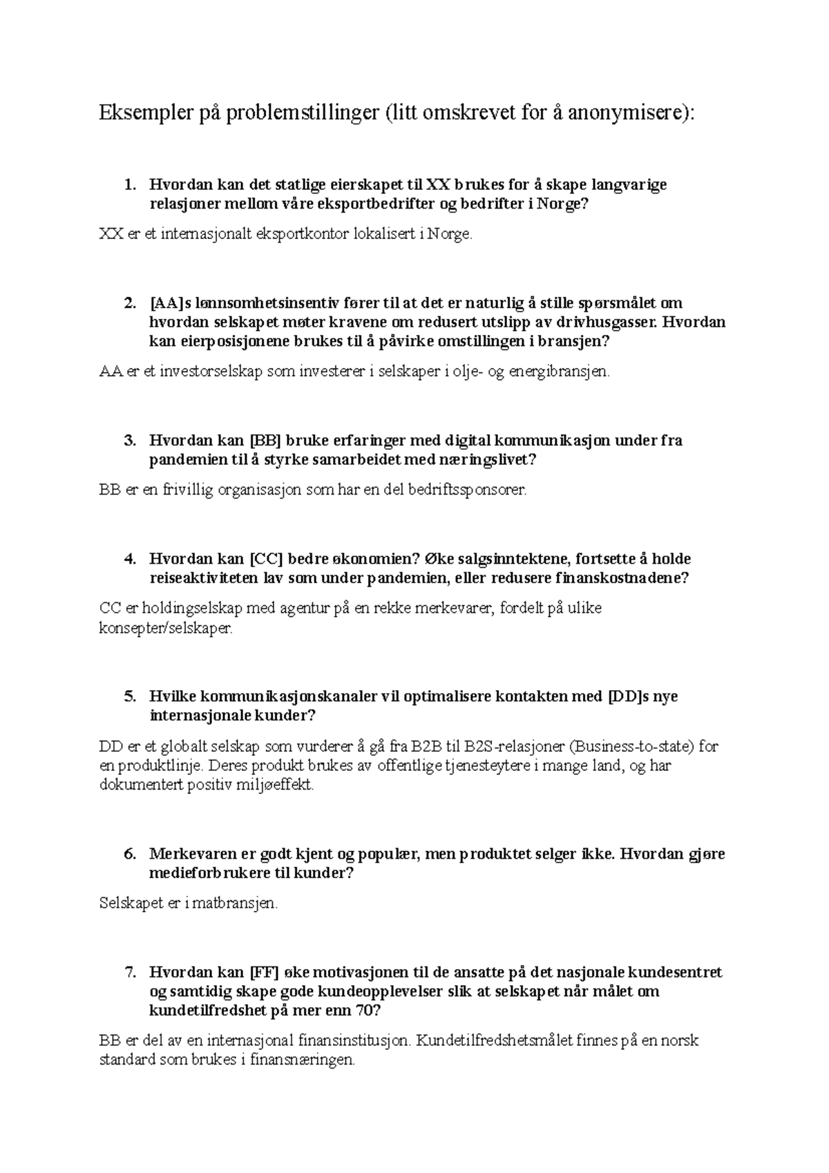 Eksempler på problemstillinger i Internship - Eksempler på ...