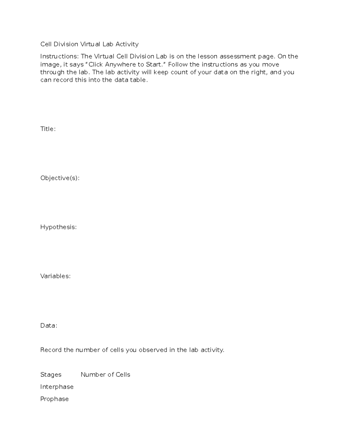 Questions to cell divison - Cell Division Virtual Lab Activity ...