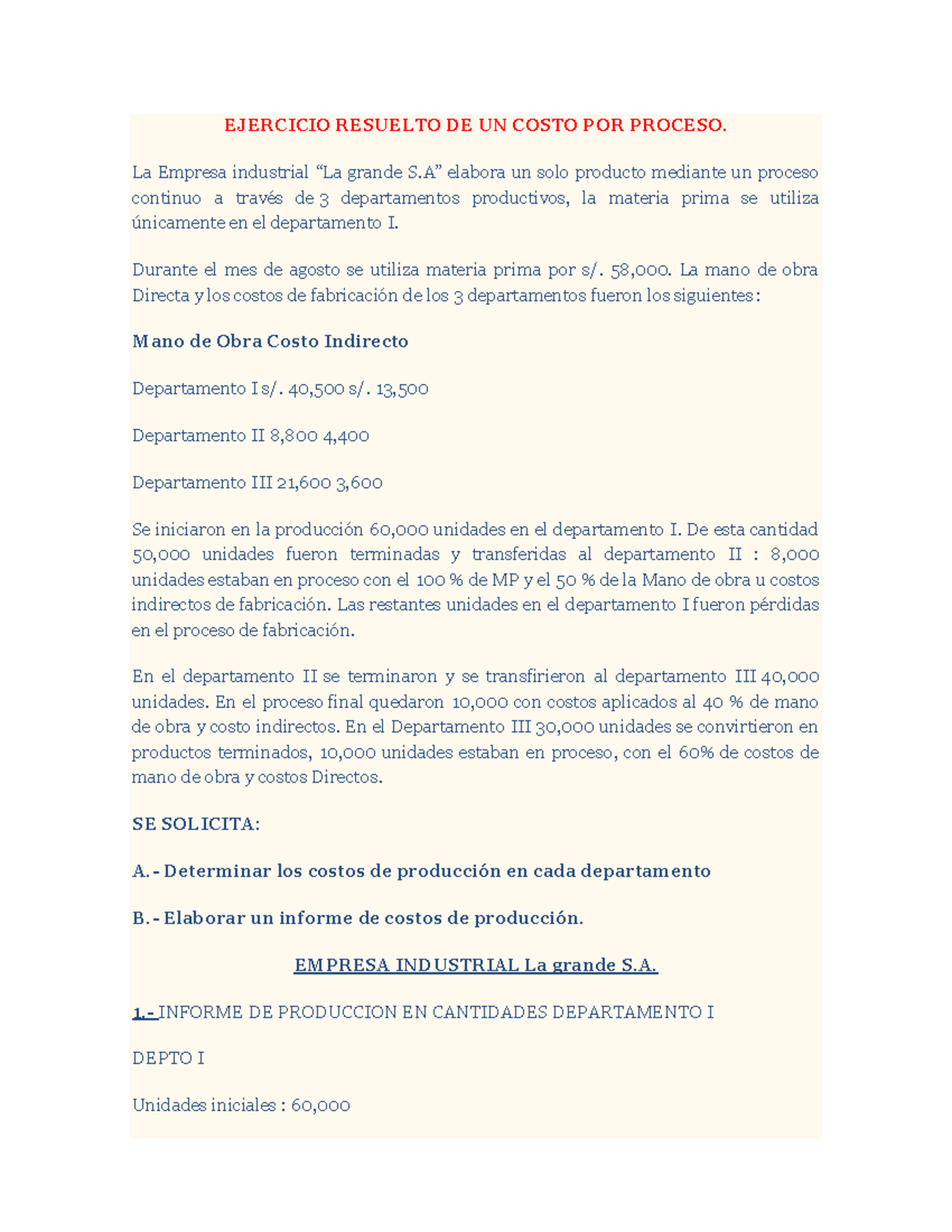 Empresa LA Grande S - Tarea - EJERCICIO RESUELTO DE UN COSTO POR PROCESO. La Empresa industrial ...