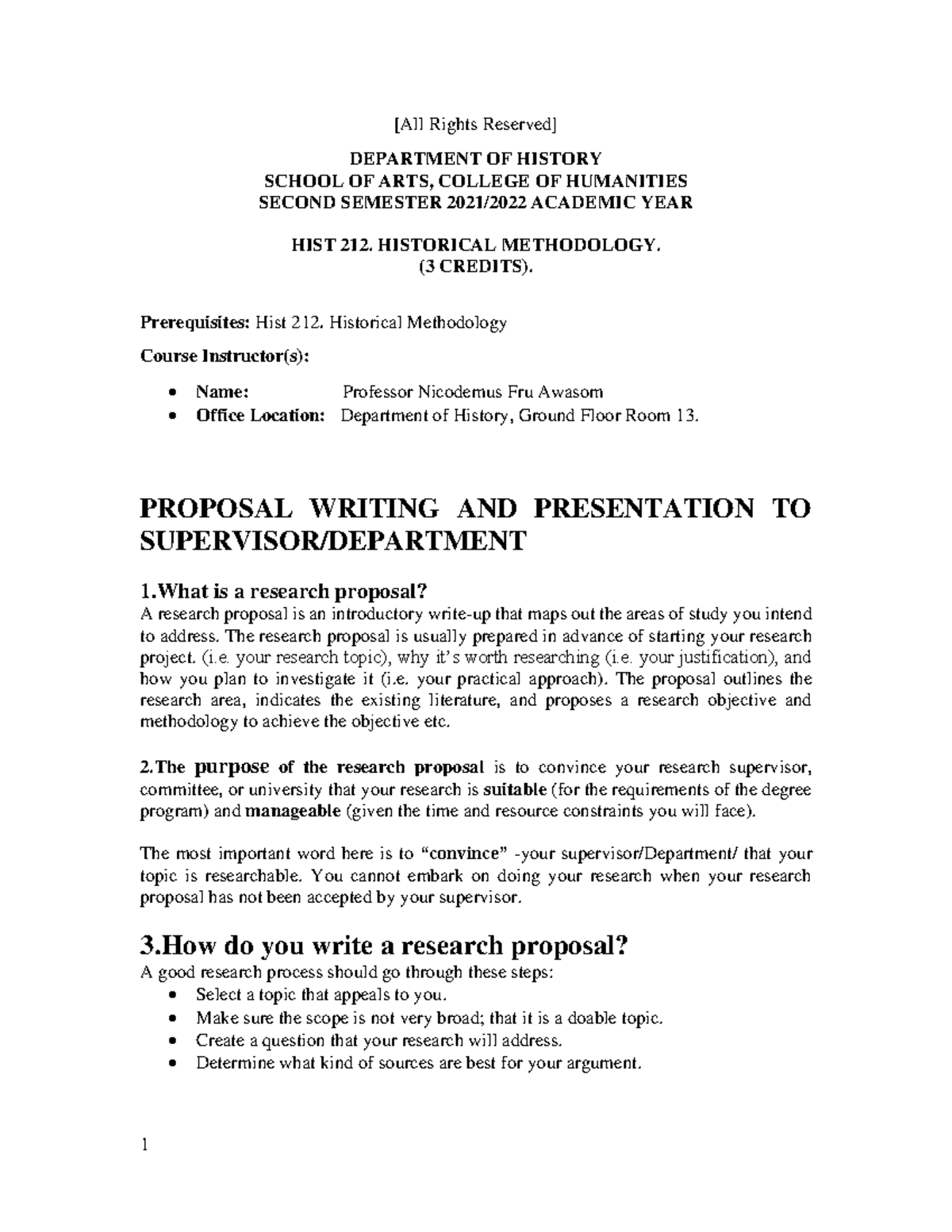 HIS212 Proposal Writing - [All Rights Reserved] DEPARTMENT OF HISTORY ...