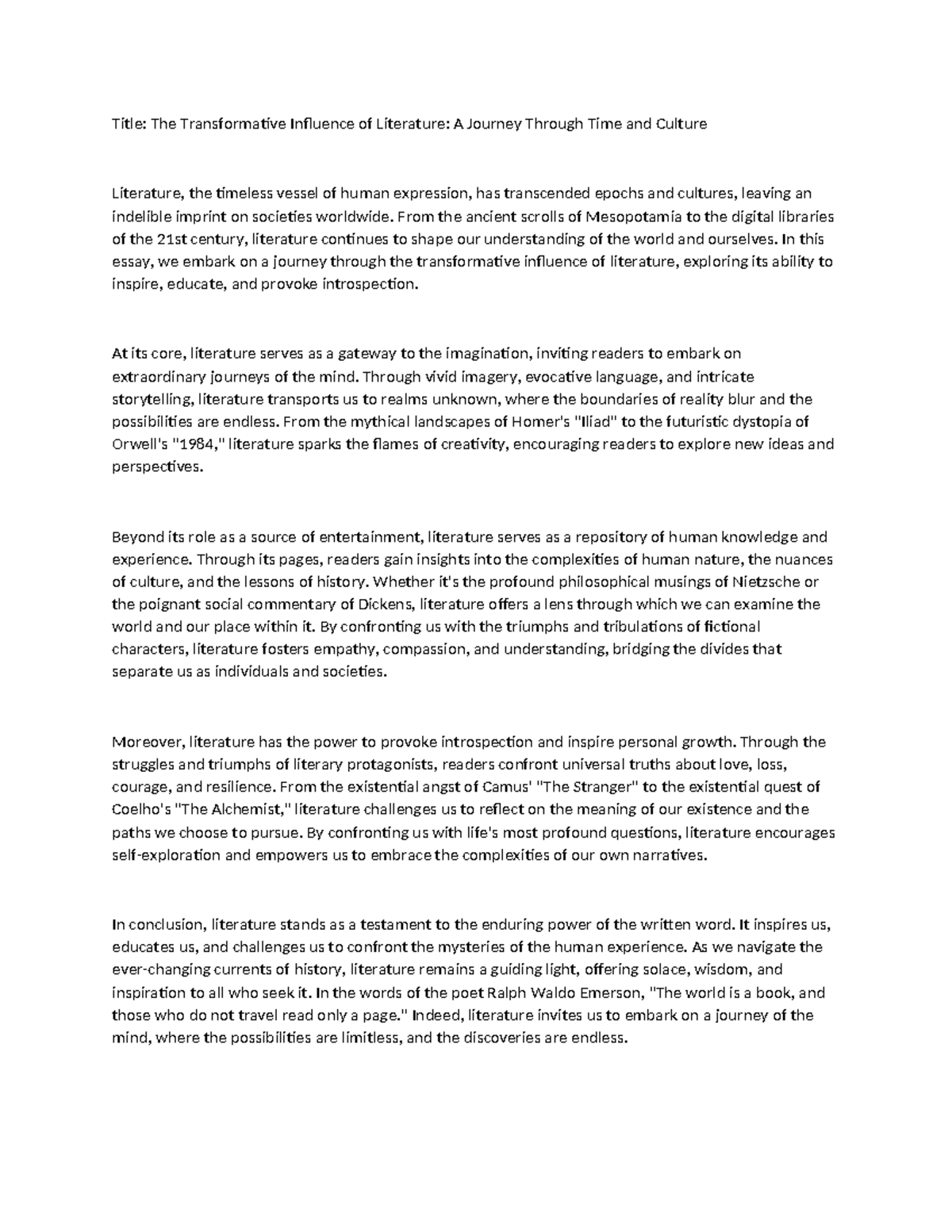 The Transformative Influence of Literature - A Journey Through Time and Culture - Title: The ...