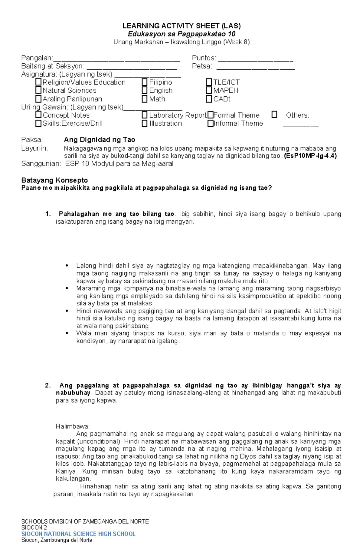 LAS 8 dignidad - Esp - LEARNING ACTIVITY SHEET (LAS) Edukasyon sa ...