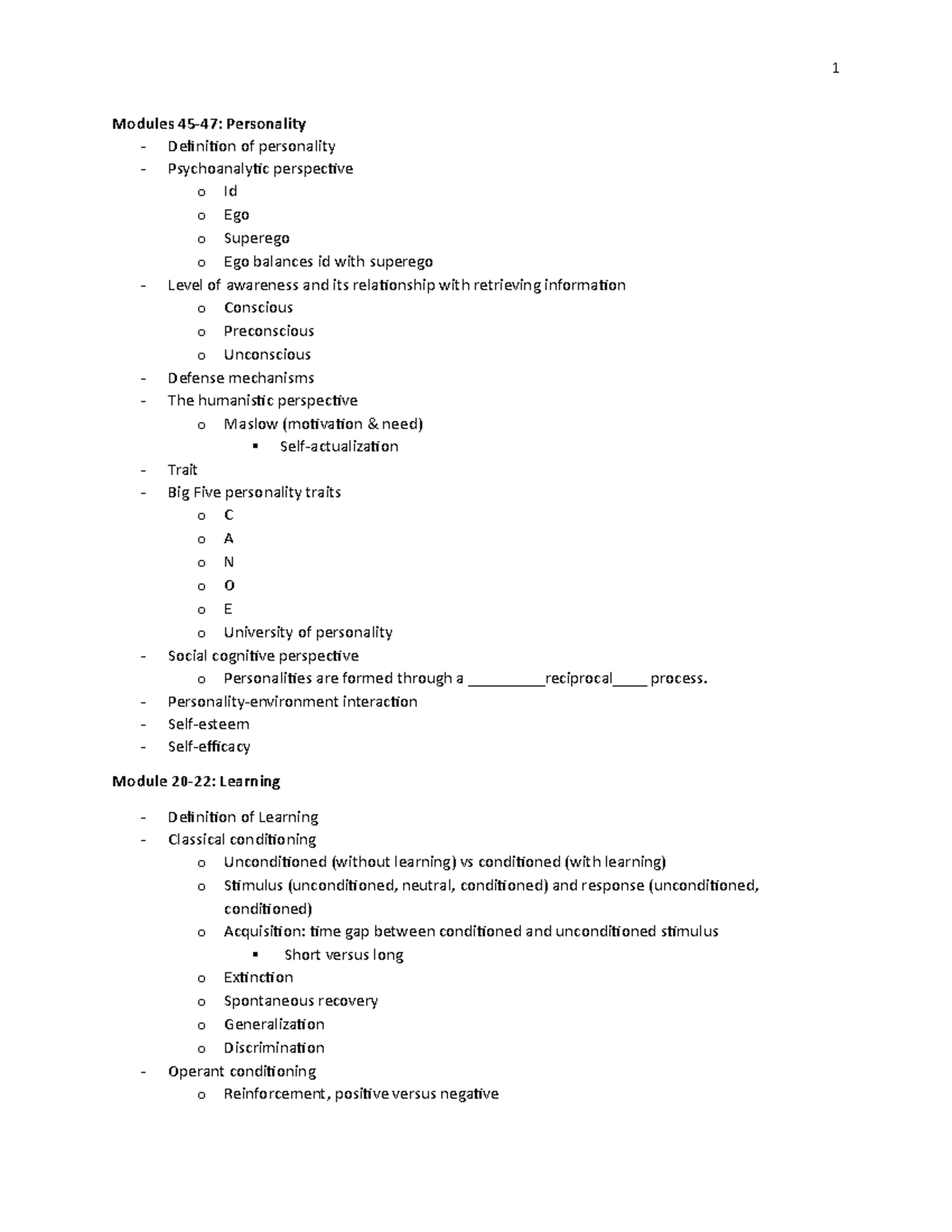 PSYC 110 Final Study Guide - Modules 45-47: Personality - Definition of ...