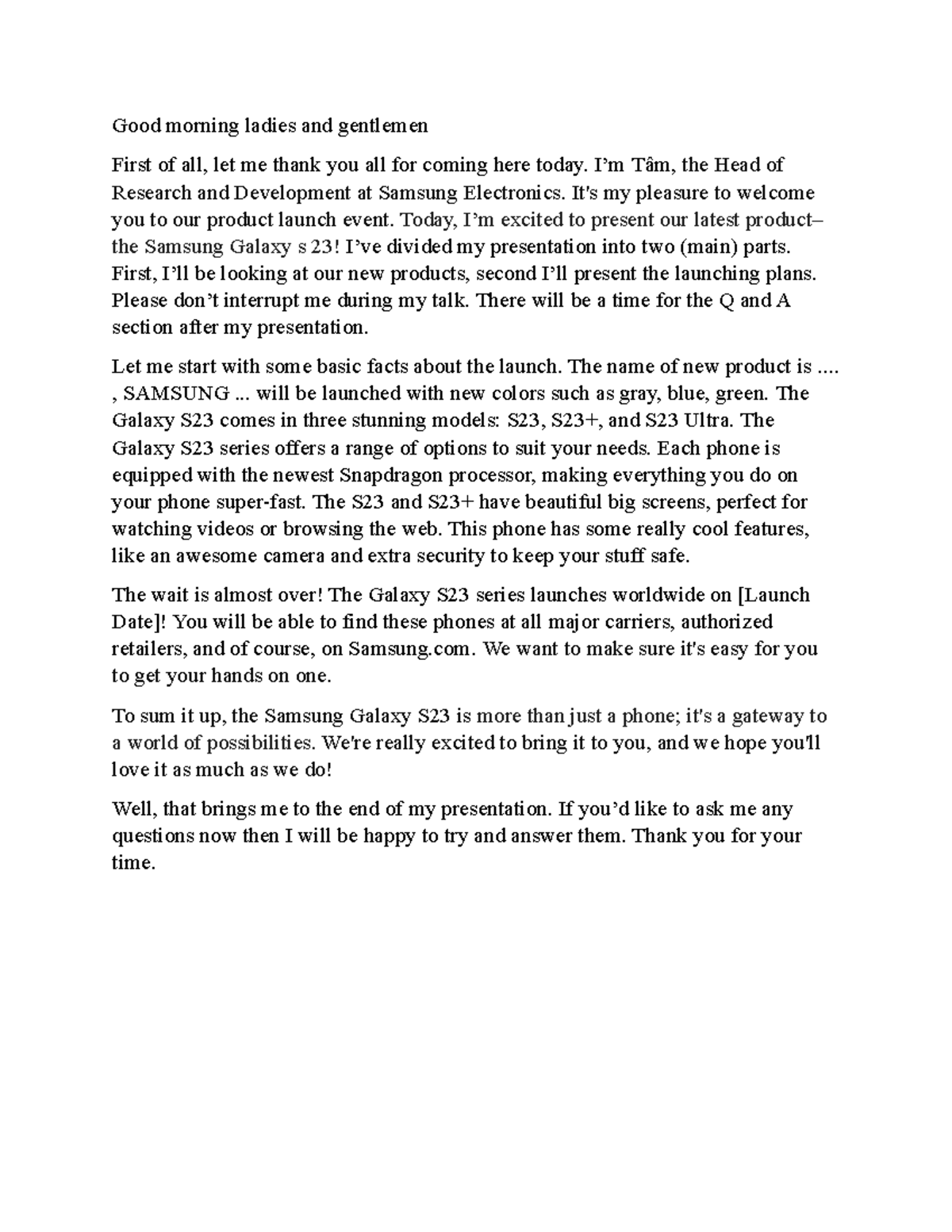 UNIT 1 Speakinge - Good morning ladies and gentlemen First of all, let ...