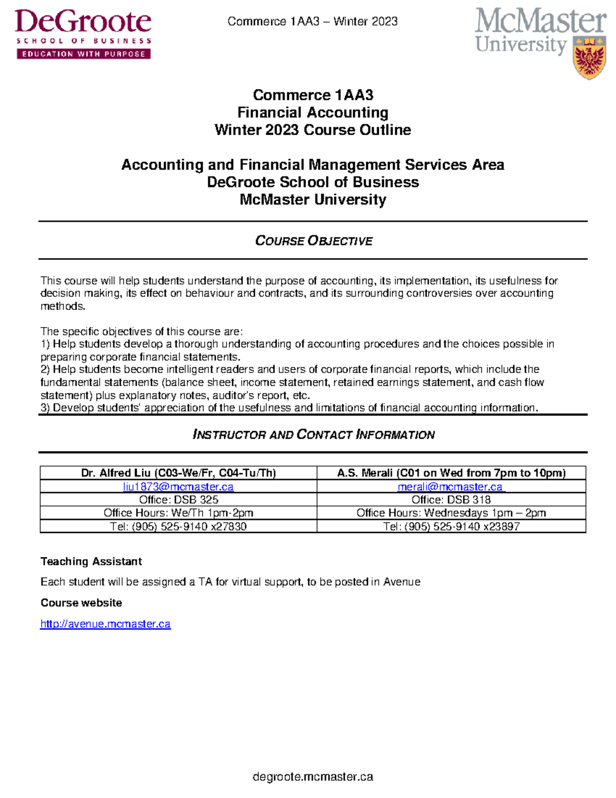 Commerce Outline - Commerce 1AA Financial Accounting Winter 2023 Course ...