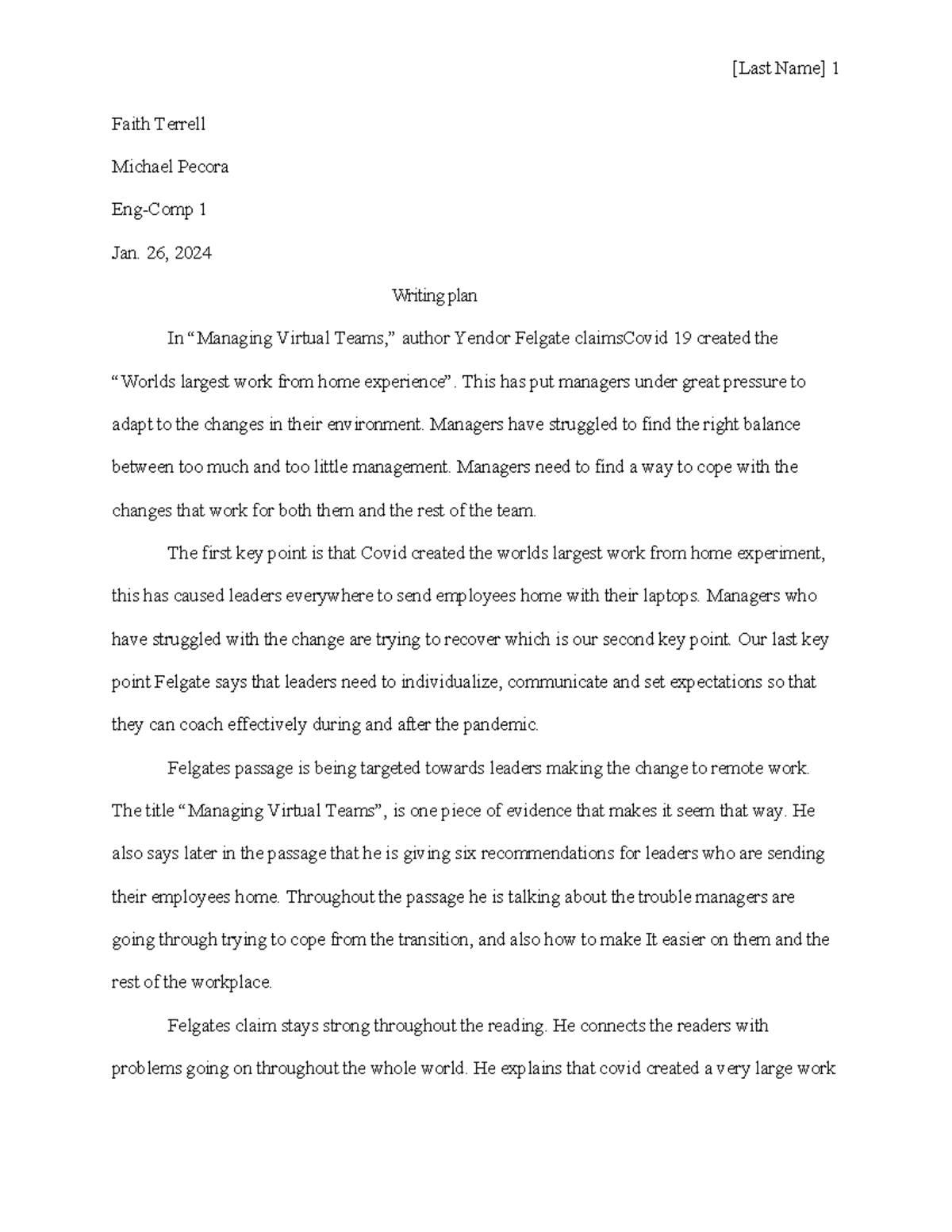 Writing plan eng-122 5-2 - [Last Name] 1 Faith Terrell Michael Pecora ...