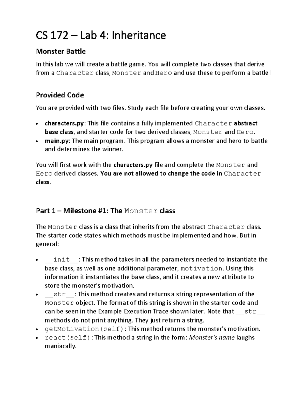 Lab-4 - CS 172 – Lab 4 : Inheritance Monster Battle In this lab we will ... Lab-4 - CS 172 – Lab 4 : Inheritance Monster Battle In this lab we will ...