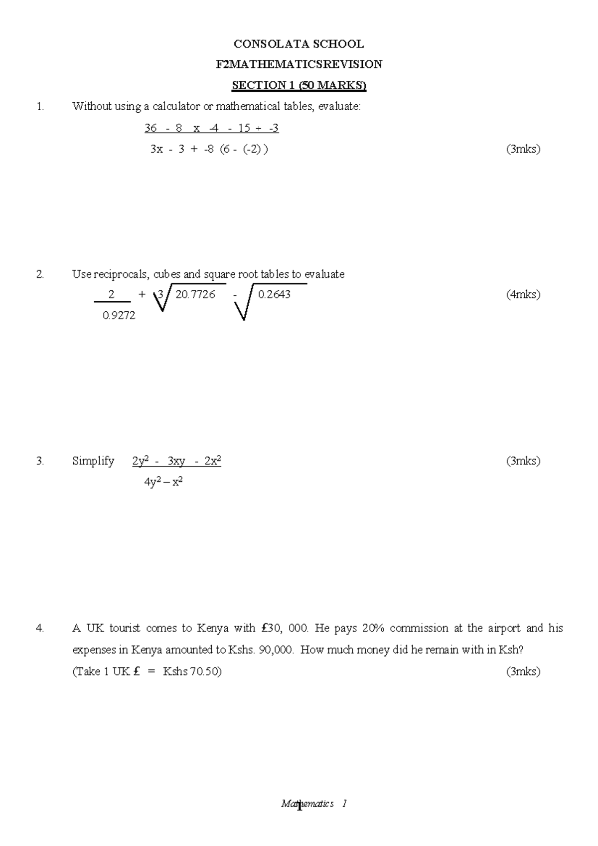 FORM2 REV WEEK7 - Summary foundation maths - Mathematics 1 CONSOLATA ...