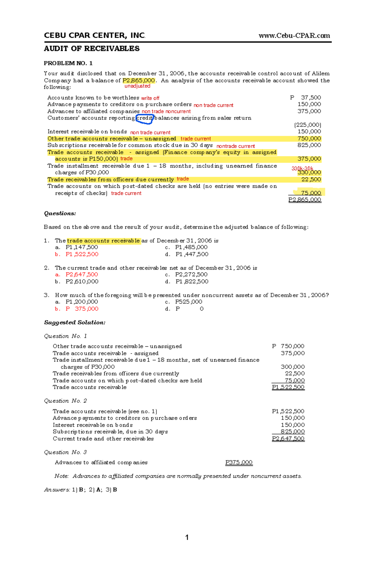 Pdfcoffee - ertyui - AUDIT OF RECEIVABLES PROBLEM NO. 1 Your audit ...