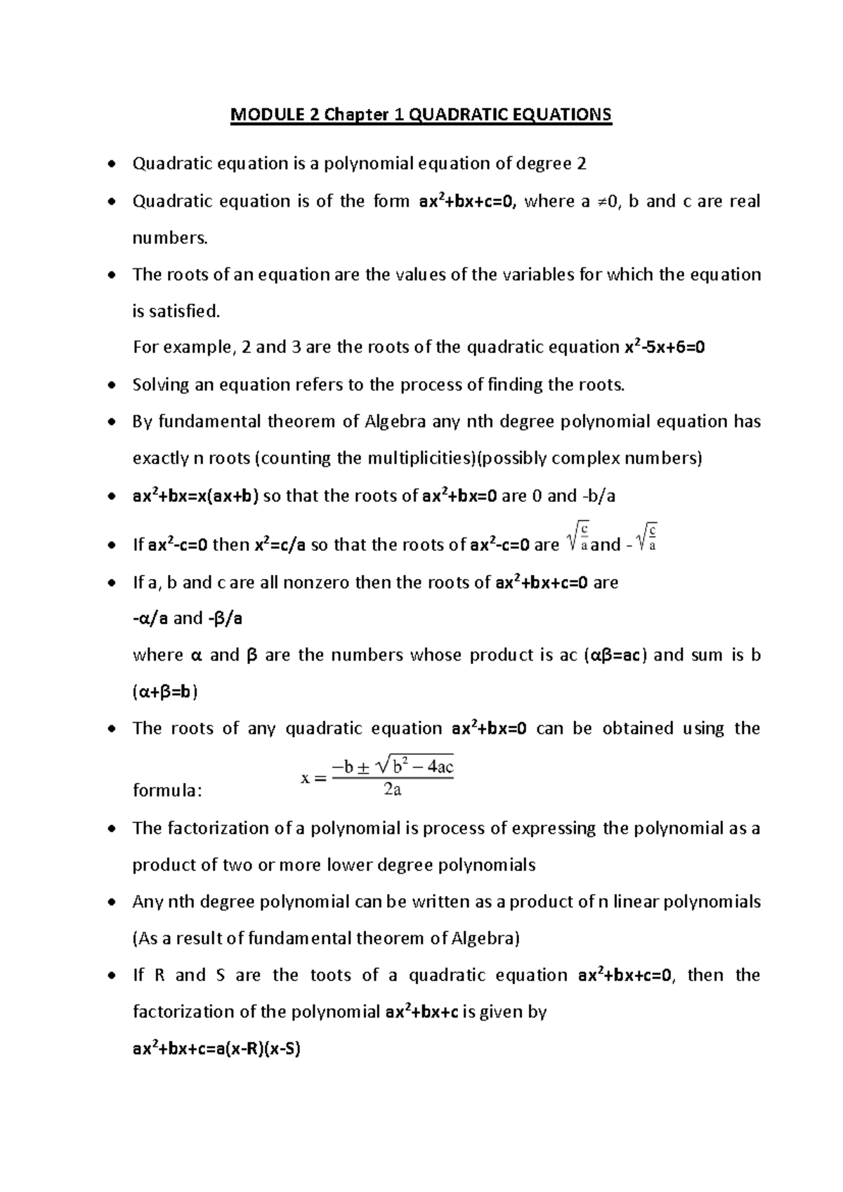 Quadratic Equations Notes to Students - MODULE 2 Chapter 1 QUADRATIC ...