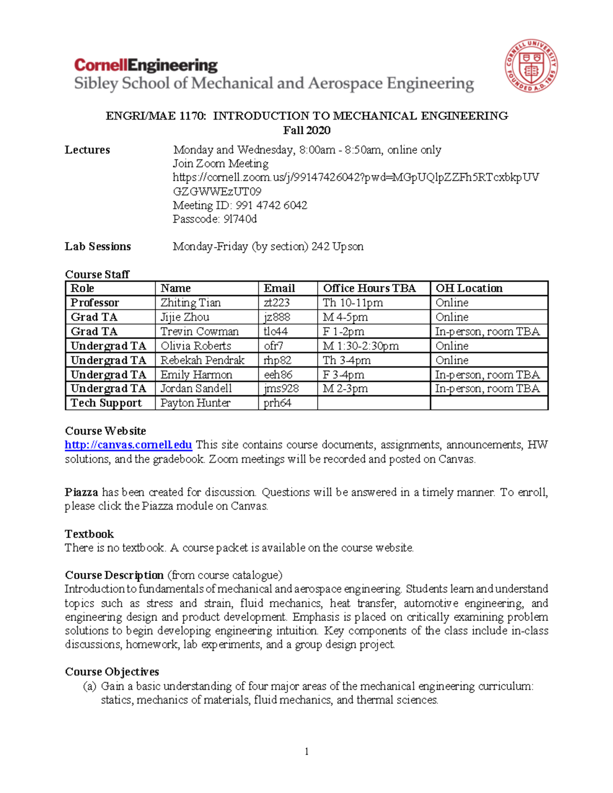 Syllabus FA20 ENGRI 1170 LEC001 Current - ENGRI/MAE 1170: INTRODUCTION TO MECHANICAL ENGINEERING ...