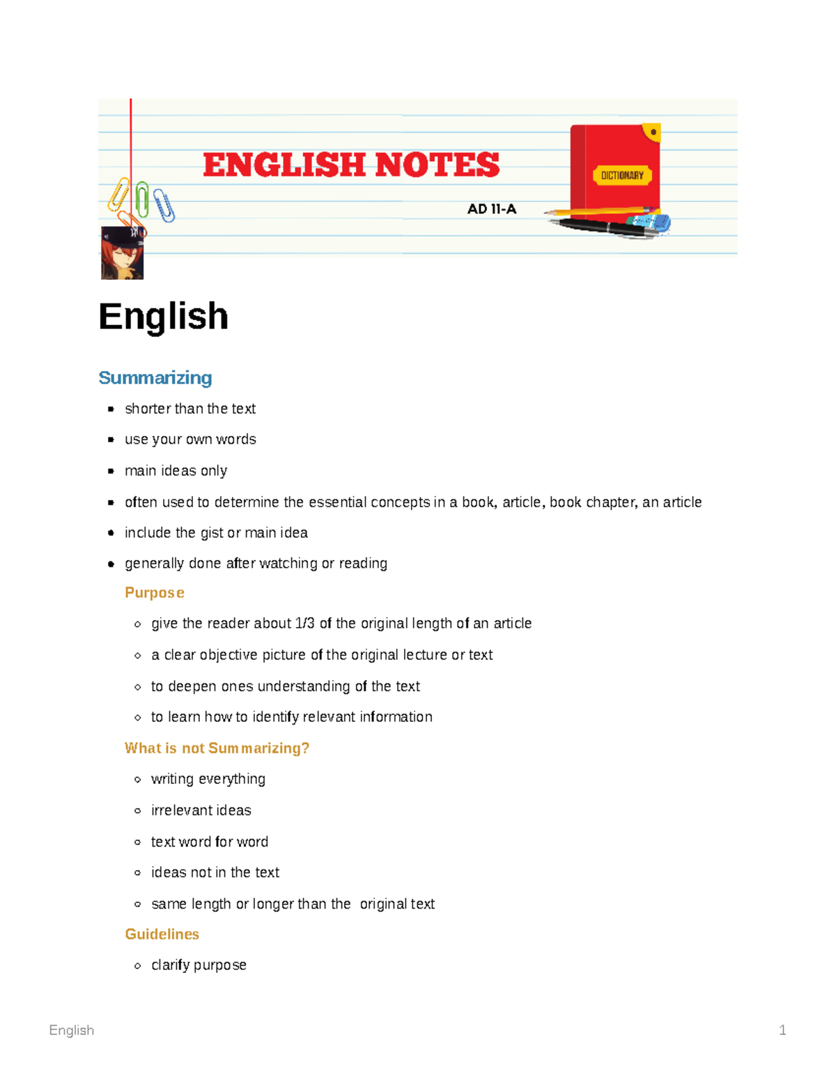 English 11 (Finals Notes) - English Summarizing shorter than the text ...