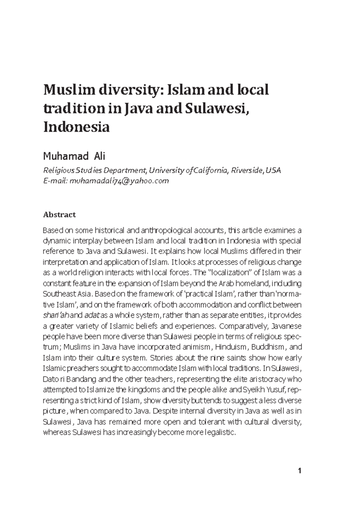 Ali, Muhammad. “Muslim Diversity- Islam and Local Tradition in Java and ...