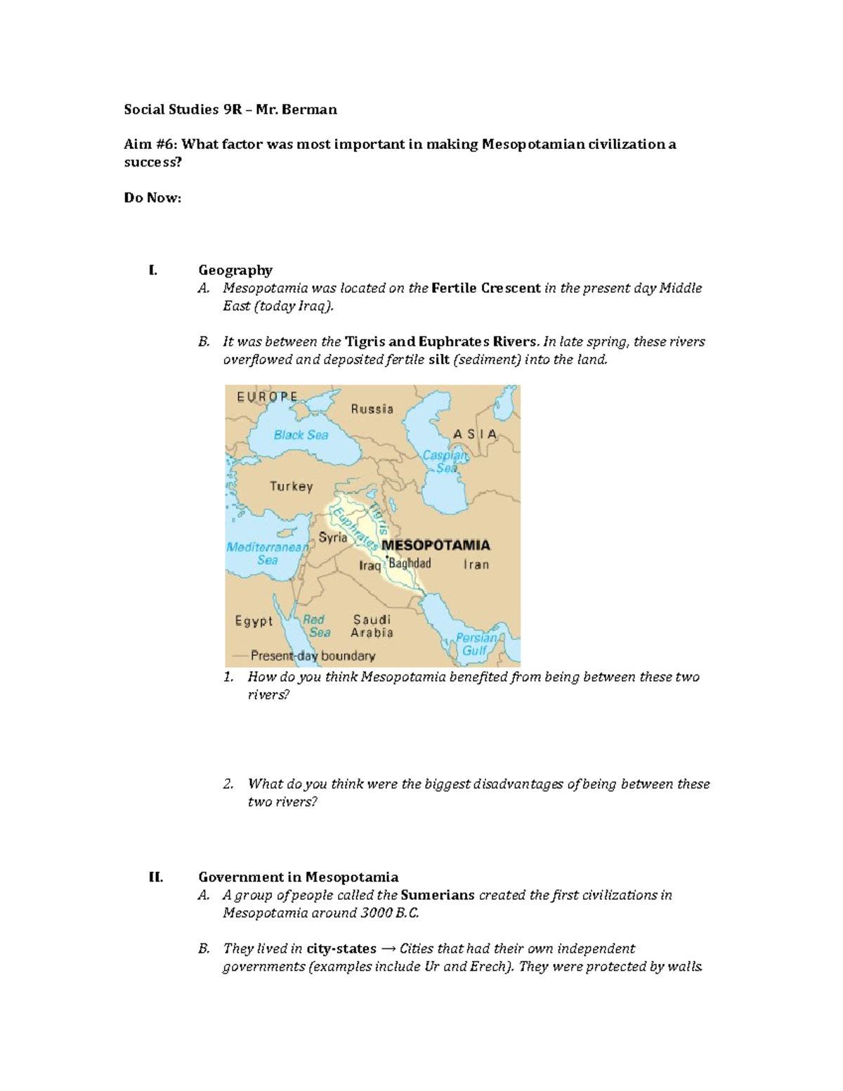 Achievements of Mesopotamia Handout - Social Studies 9R – Mr. Berman ...