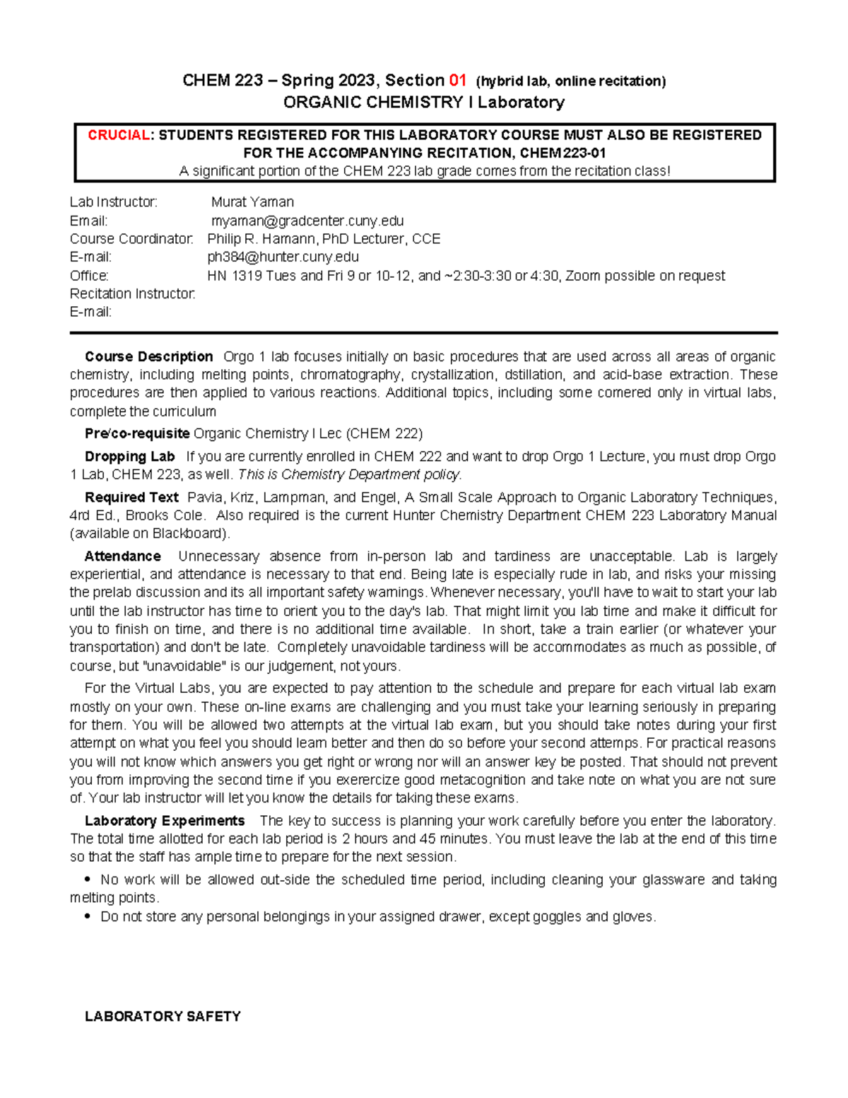 Chem 223 Hybrid Syllabus Sec 01 F23 - CHEM 223 – Spring 2023, Section ...