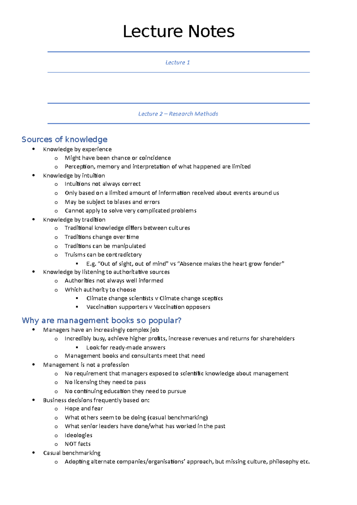 Lecture Notes - Lecture Notes Lecture 1 Lecture 2 – Research Methods ...