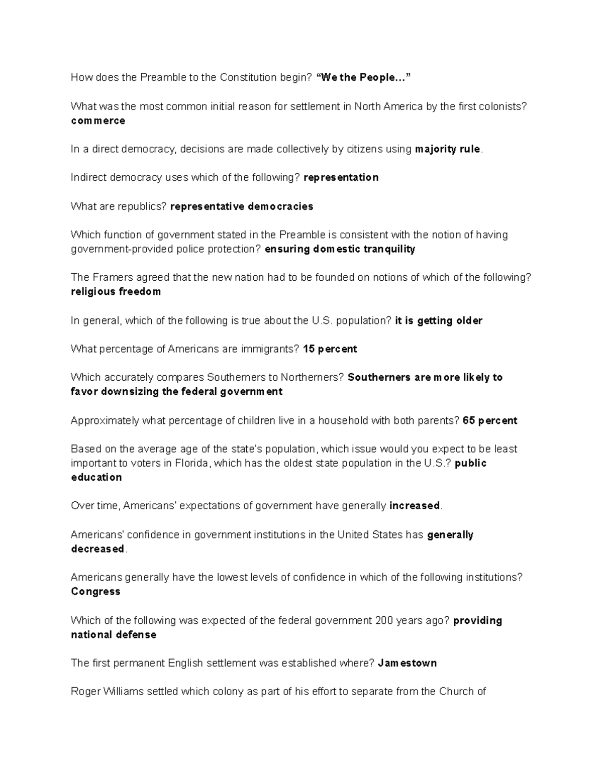 Quiz 1 Study Guide - How does the Preamble to the Constitution begin ...